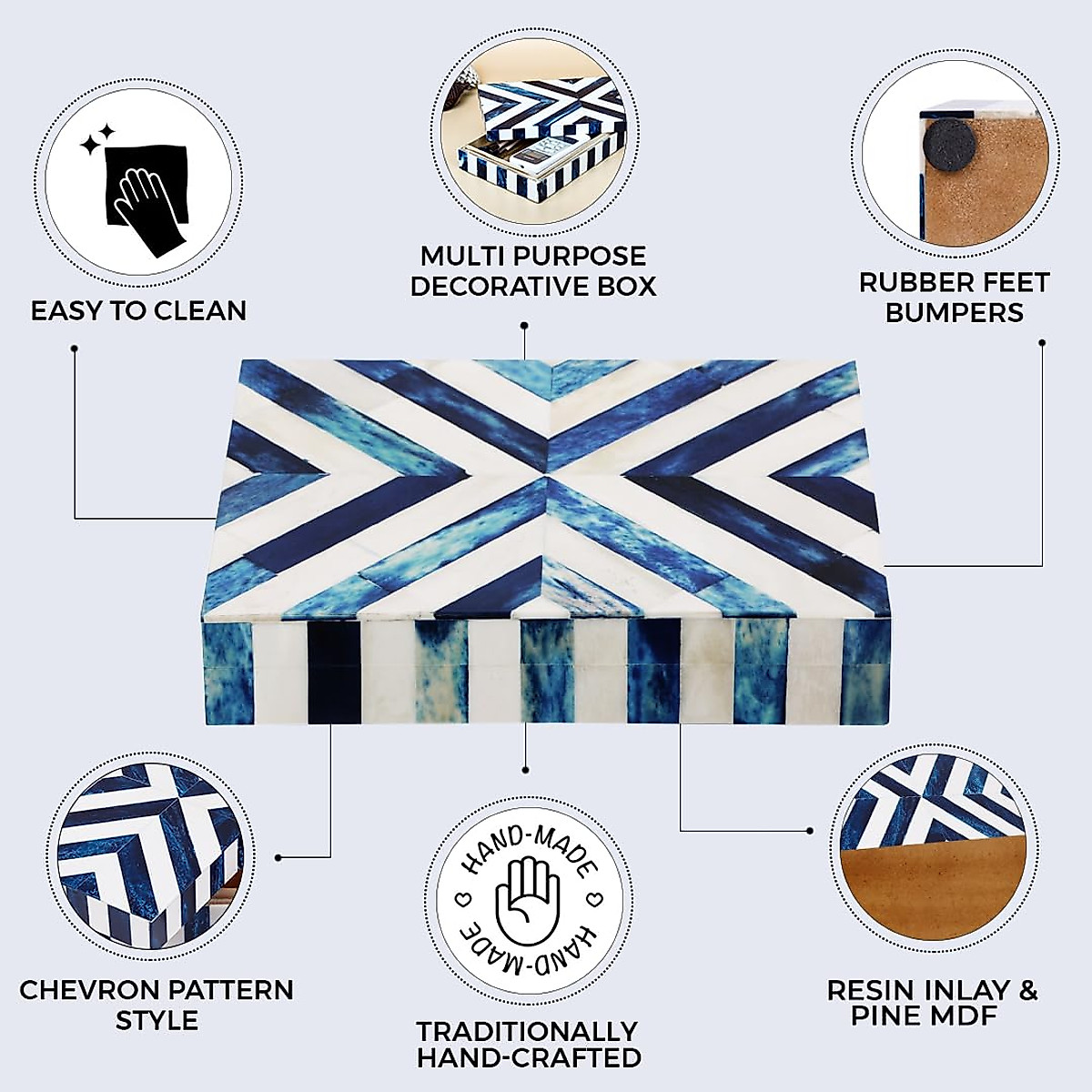 Handicrafts Home Handmade Chevron Pattern Decorative Box - Storage Organizer, Decor Centrepiece, Memory Keepsakes, Home Decor - Boho Style Treasure Box, Multipurpose Gift - Blue, 8x5x1.5