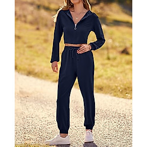 KIRUNDO Women 2 Piece Outfits y2k Fashion Sweat Sets Casual Zip Up Long Sleeve Hoodie Jacket And Sweatpants Work Out Sets (Navy, X-Large)
