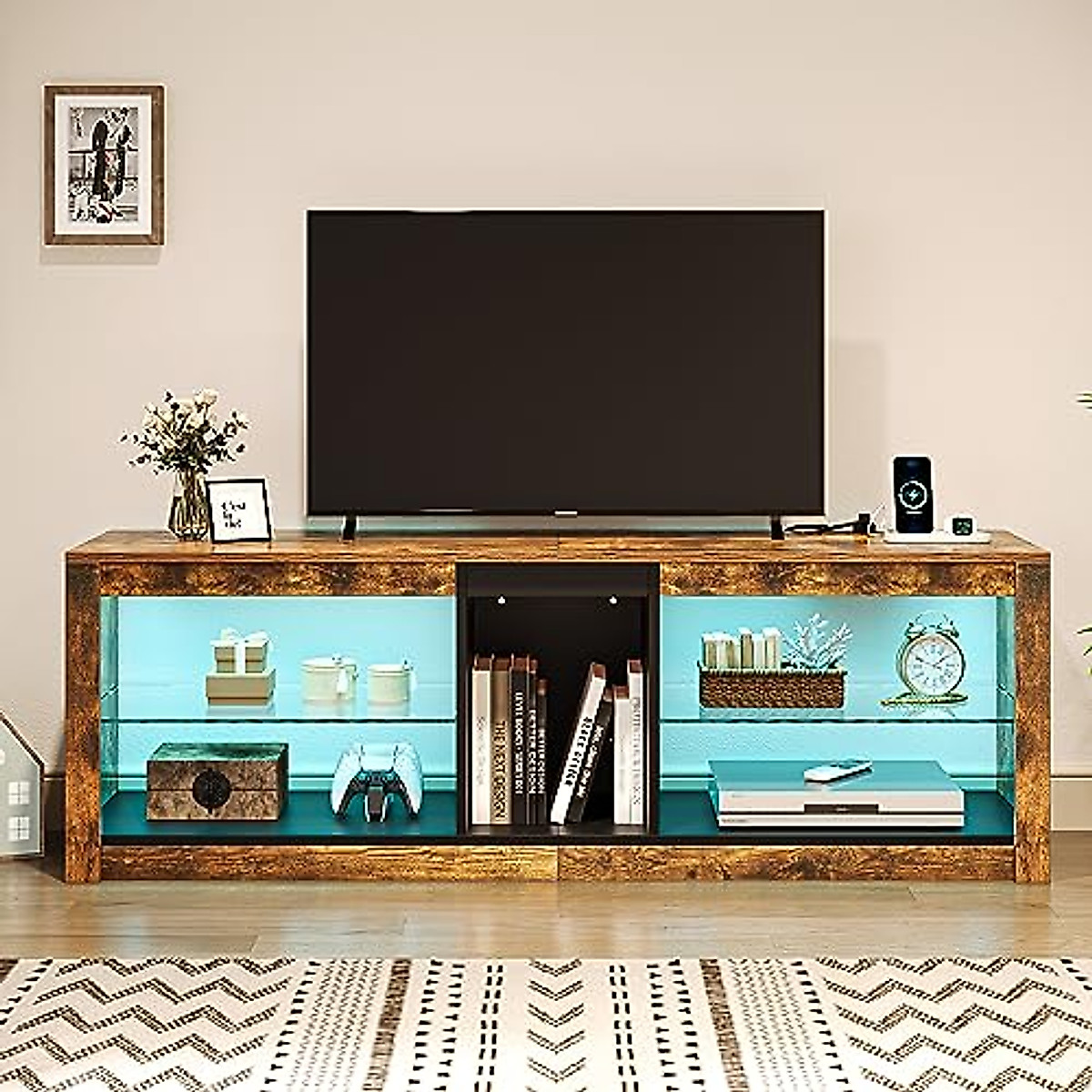 YITAHOME LED TV Stand w/Power Outlets for TVs up to 55/60 inch, Gaming Entertainment Center with Glass Shelves RGB Modes, Modern TV Stand for Living Room, TV Console with Storage, Rustic Brown