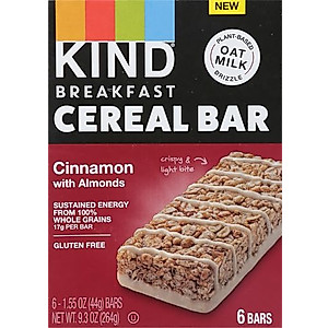 KIND Breakfast Cereal Bars, Gluten Free Snacks, Cinnamon with Almonds, 9.3oz Box (6 Bars)