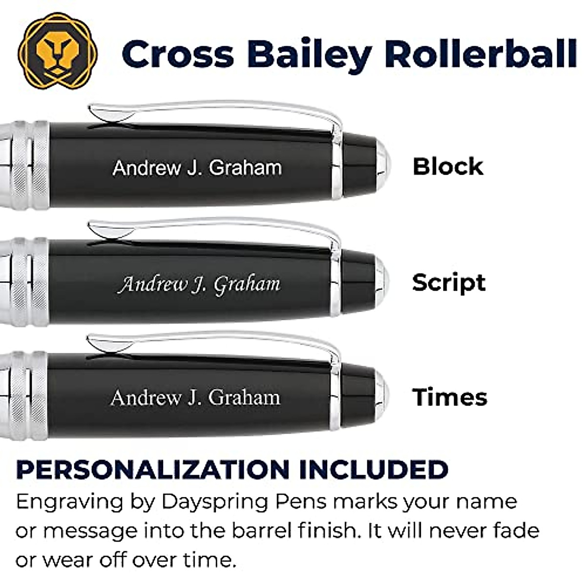 Dayspring Pens Engraved Cross Pen | Personalized Cross Bailey Black Lacquer Rollerball Gift Pen in Premium Pen CaseAT0455-7 - Custom Name Engraved
