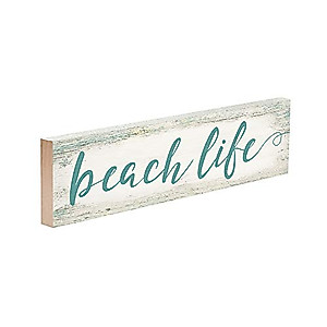 P. Graham Dunn Beach Life Turquoise Script Design White Wash 6 x 1.5 Mini Pine Wood Tabletop Sign Plaque