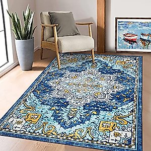 RUGSREAL Vintage Area Rug Washable Boho Living Room Rug Foldable Velvet Rug Floral Bohemian Print Accent Rug Retro Indoor Carpet for Bedroom Entryway Laundry Room, 4' x 6', Blue/Yellow