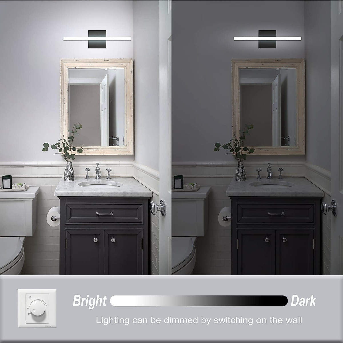Combuh LED Bathroom Vanity Light Bar Dimmable IP44 Over Mirror Lighting Fixture 16Inch Wall Sconces Indoor 9W Modern Cool White 6000K Black