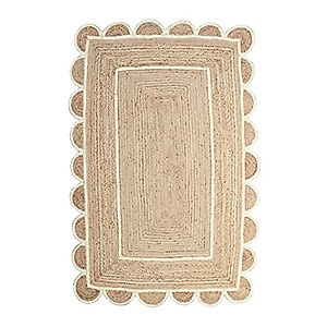Weaving Village Scalloped Natural Jute Area Rug, Natural Base Off White Trim, 4x6