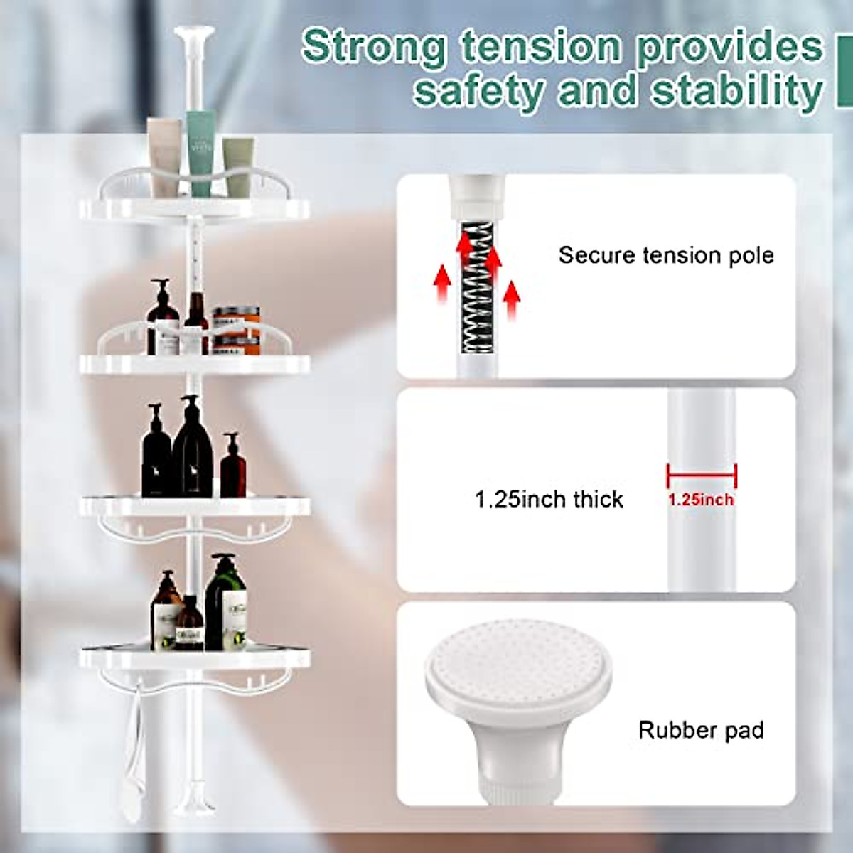 COCONUT Corner Shower Caddy Tension Pole, 54-114Inch Rust-proof 4 Tier Shower Organizer, Drill Free Telescoping Shower Shelves for Bathroom Bathtub (White)