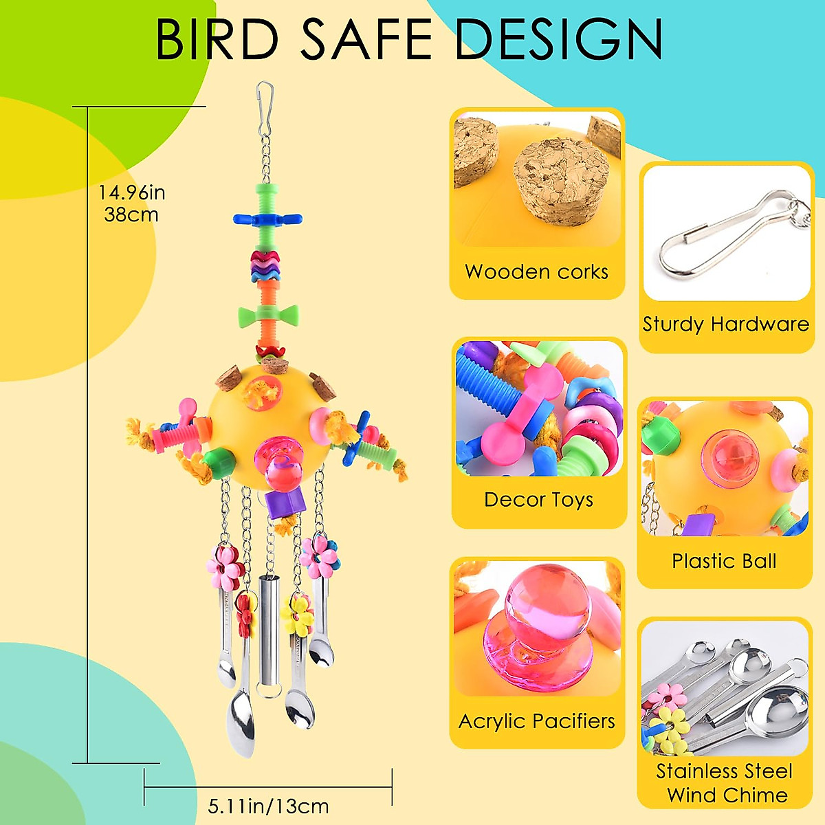 KATUMO Bird Toys Pull Spoons Colorful Acrylic Stick Toys Parrot Chew Toy for Amazon Parrot, African Grey, Conure, Caique, Quaker, Small Cockatoo, Mini Macaw, Eclectus and Similar Birds