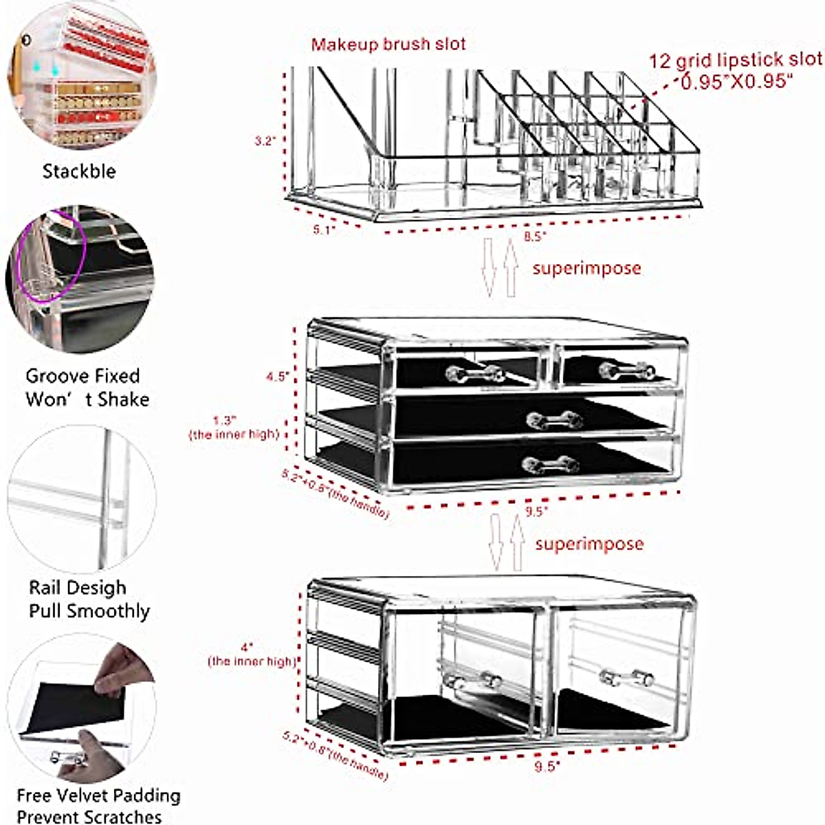 Cq acrylic Makeup Organizer Skin Care Large Clear Cosmetic Display Cases Stackable Storage Box With 6 Drawers For Vanity,Set of 3