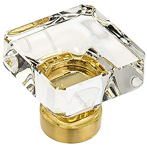 Cosmas 10 Pack 6377BB-C Brushed Brass Cabinet Hardware Square Knob with Clear Glass - 1-3/8" Squared