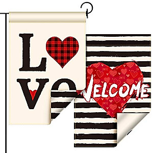 Garden Flag Double Sided, Buffalo Plaid Red Heart Love Valentines Day Flag Yard Outdoor Decoration, Holiday Spring Seasonal Small Vertical Banner Sign Anniversary Wedding Valentine 12.5 x 18.5 Inch