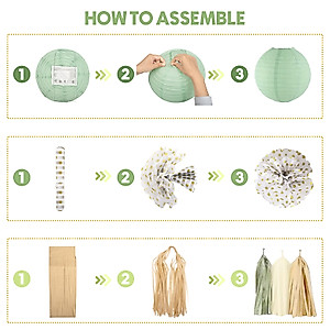 Amandir Baby Shower Decorations Sage Green Balloons Welcome Baby Banner, Cake Topper, Paper Lanterns, Pom Poms Flowers Tassels, Circle Dots Star Garland, Neutral Gender Reveal Birthday Party Supplies