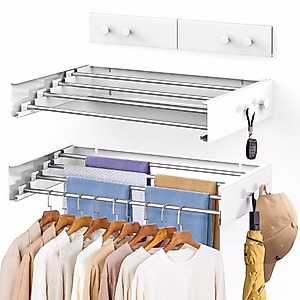 CRJKIJ Wall Mounted Laundry Drying Rack for Clothes - Foldable Conceal Drying Rack，4 Stainless Rods Heaving 48 lb Capacity (White, 23.6")