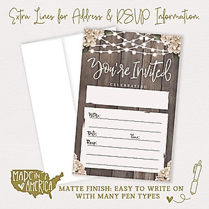 Bridal Shower Rustic Party Invitations - 20 Invites With Envelopes - Wood With String Lights Design - Wedding Reception, Engagement Party, Rehearsal Dinner Party, Milestone Birthday or Housewarming