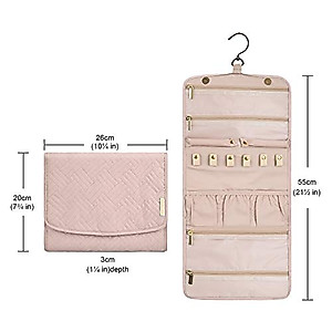 BAGSMART Travel Hanging Jewelry Organizer Case Foldable Jewelry Roll with Hanger for Journey-Rings, Necklaces, Bracelets, Earrings, Soft Pink