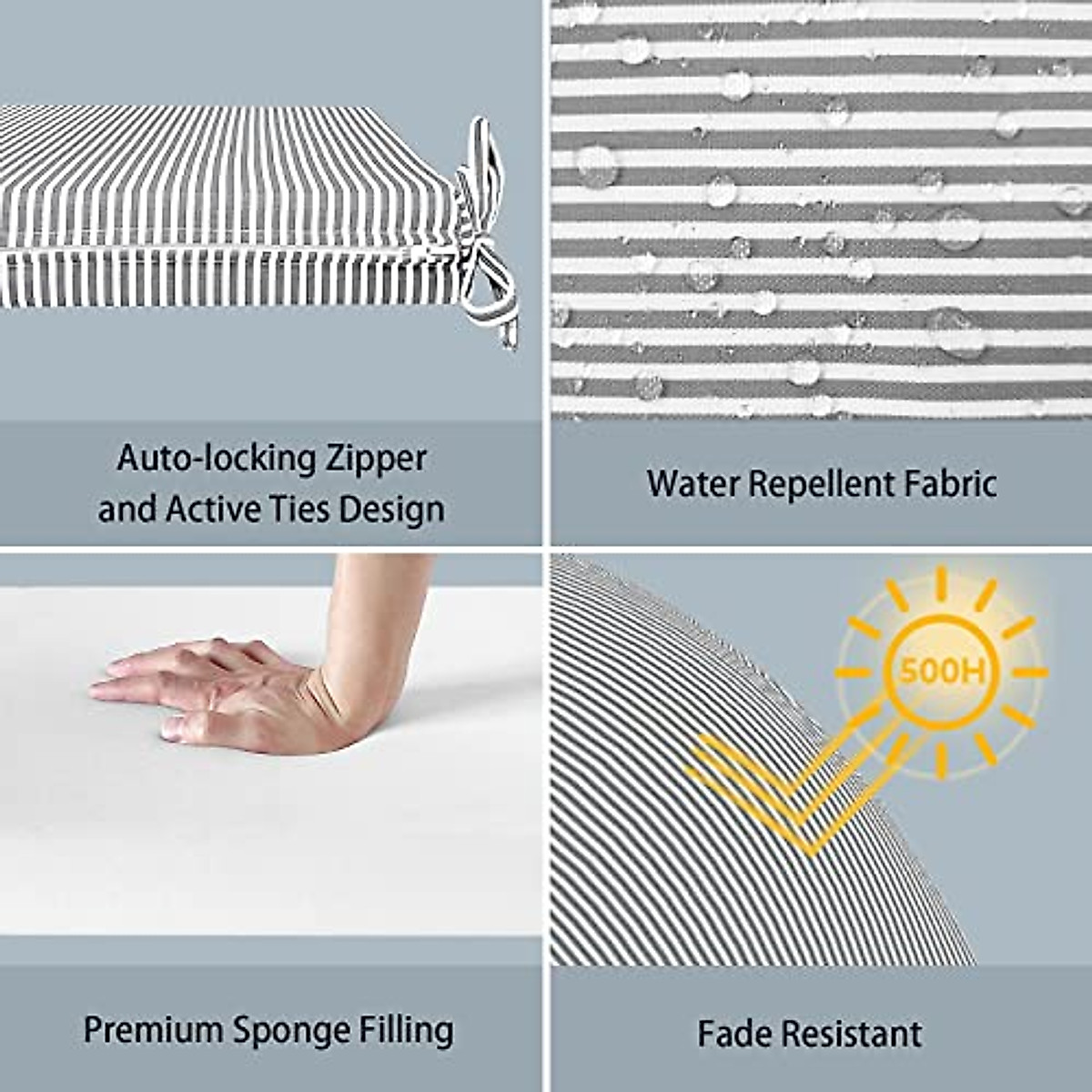 LVTXIII Outdoor Seat Cushions Seasonal Replacement Chair Cushions, Square Patio Chair Pads with Ties for Dining Chairs and Garden Furniture,18.5"x16"x2", 4 Pack, Strip Grey