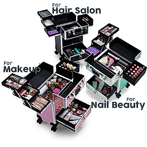 Hododou Rolling Makeup Case Cosmetic Travel Trolley Storage Sliding Drawer 4 Tray Makeup Travel Case with Wheels Salon Barber Case Traveling Cart Trunk for Cosmetologist Nail Tech Hairstylist Black