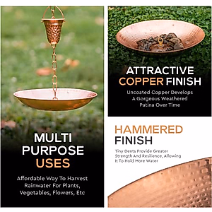 Marrgon Copper Anchoring Basin – Hammered Metal Bowl for Rain Chain Downspout Gutters – Beautiful Decorative Fountain Dish Display for Outdoor Garden, Lawn & Patio Water Feature – 11” Wide x 2” High