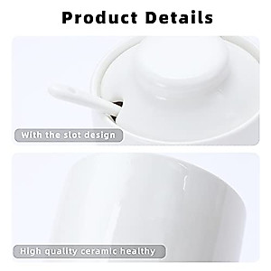 ONTUBE Ceramic Sugar Bowl with Lid and Spoon,Porcelain Seasoning Box Salt Bowl,8oz White