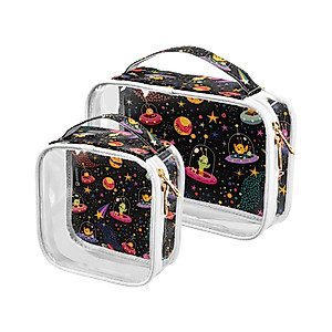 Cute Alien Planet Stars 2 Pieces Clear Makeup Cosmetic Toiletry Bags for Women Men PVC Waterproof Portable Travel Storage Carry Pouch with Gold Zippers Organizer Case for Organizing Traveling