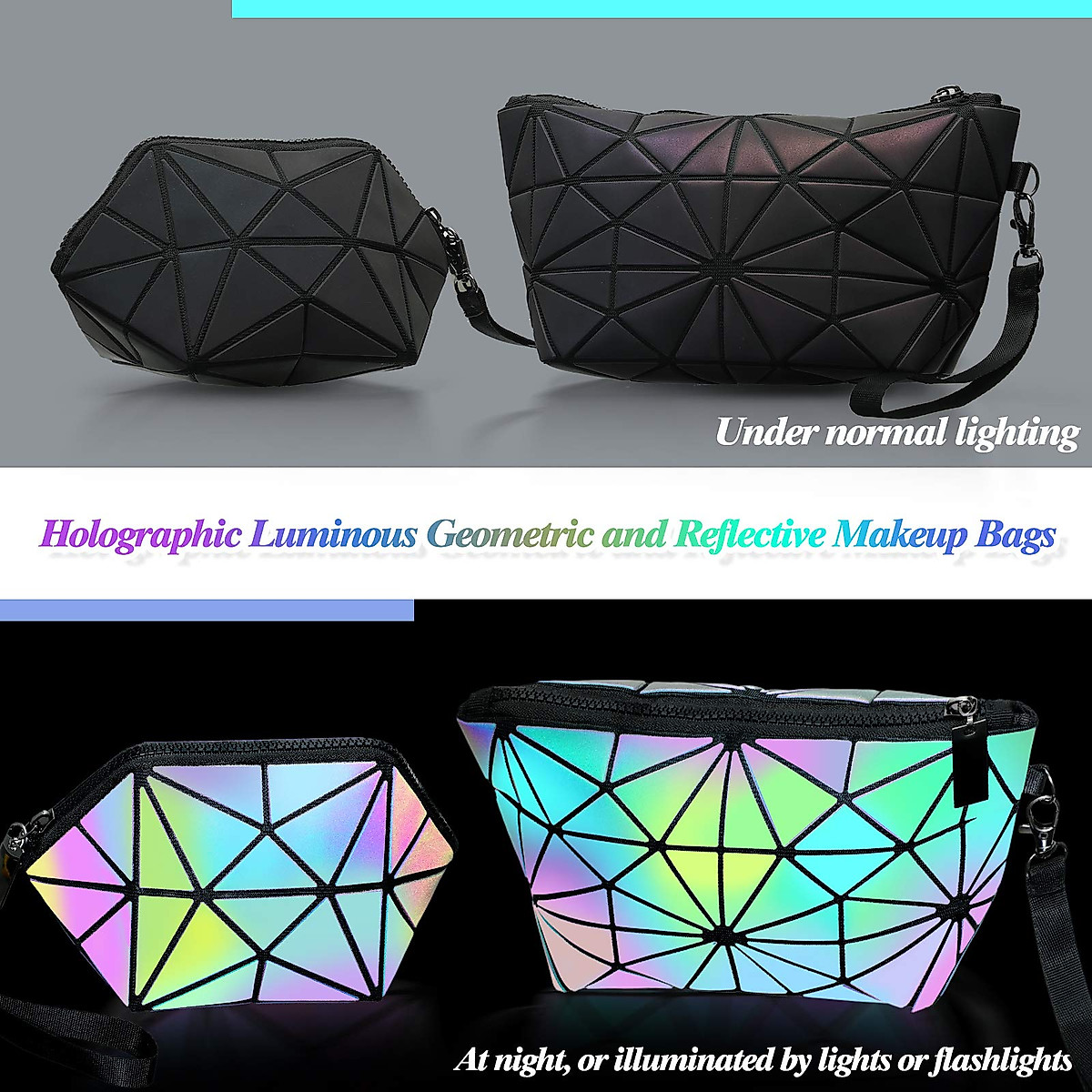Weewooday 3 Pieces Makeup Bags for Women, Portable Travel Cosmetic Bag Organizer Case with Wrist Strap Toiletry Bags Holographic Luminous Geometric and Reflective Foldable Makeup Bags