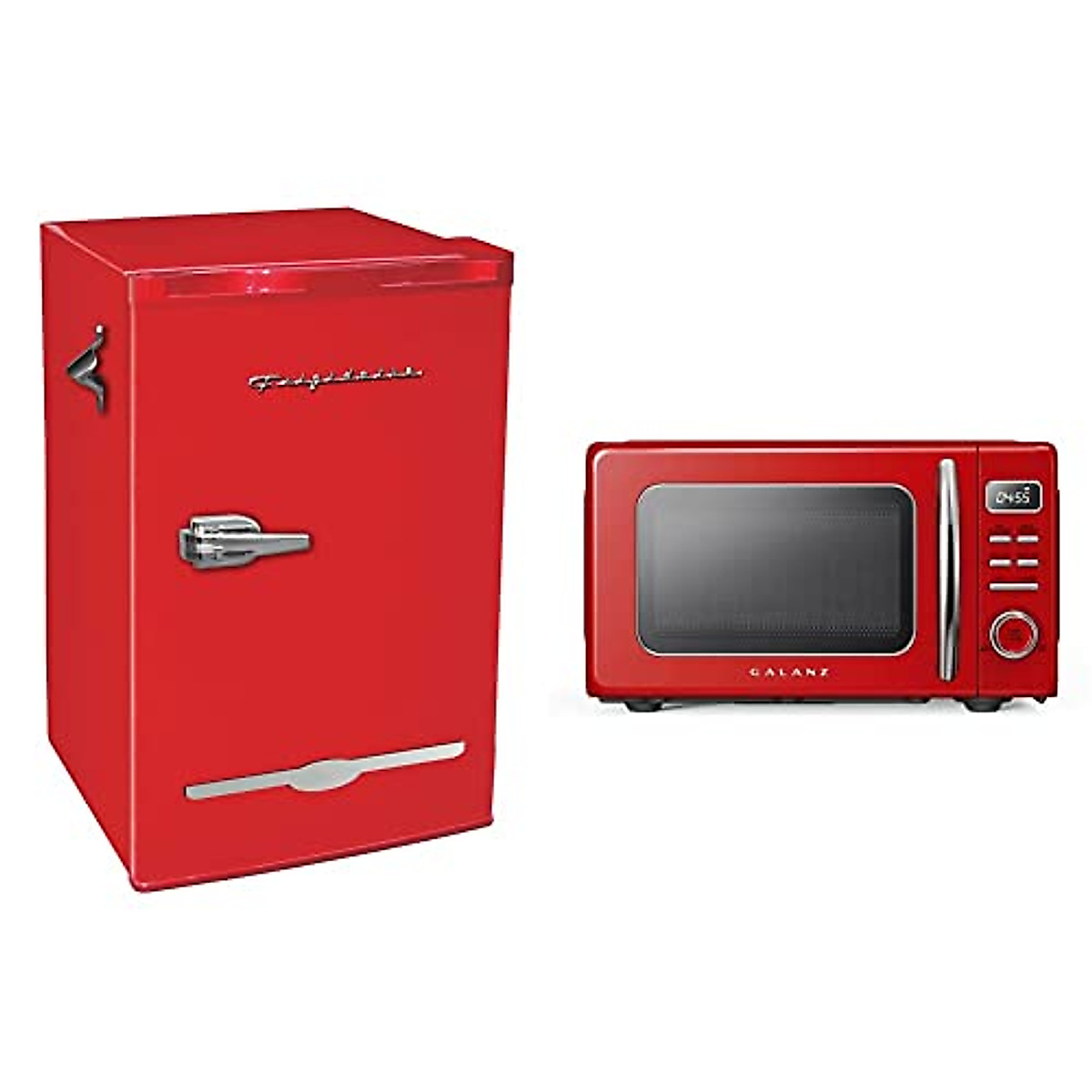 Frigidaire Retro Bar Fridge Refrigerator with Side Bottle Opener, 3.2 cu. ft, Red & Galanz GLCMKZ09RDR09 Retro Countertop Microwave Oven with Auto Cook & Reheat, Defrost, 0.9 cu ft, Red