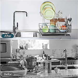 LIONONLY Dish Drying Rack 2 Tier, Dish Rack with Drainboard, Durable Stainless Steel Dish Racks for Kitchen Counter,Detachable Kitchen Dish Rack Dish Strainer Rack for Dishes, Knives, Spoons, Forks