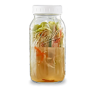 Wide Mouth Mason Jar 64 oz - (1 Pack) - Ball Wide Mouth 64-Ounces Half Gallon Mason Jar with White M.E.M Food Storage Plastic Lid. For Storage, Freezing, Leak Proof, Microwave & Diswasher Safe