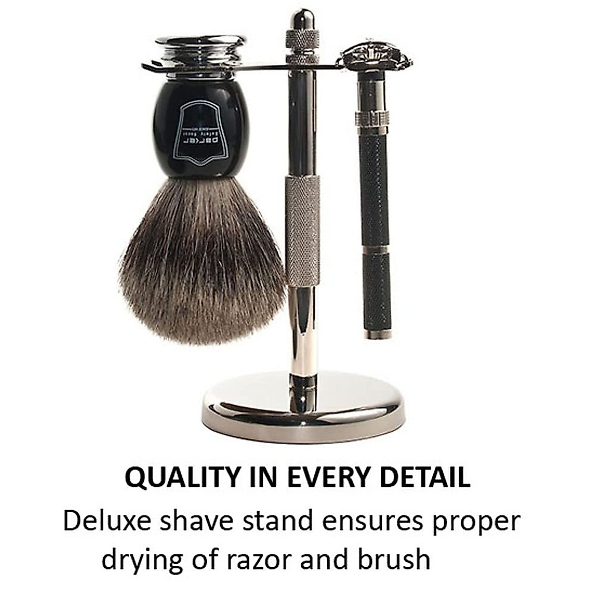 Parker 96R Men's Safety Razor Shave Set - Includes Parker Luxurious 3-Band Pure Badger Shave Brush, Deluxe Chrome Shave Stand & Parker 96R Butterfly Open Safety Razor