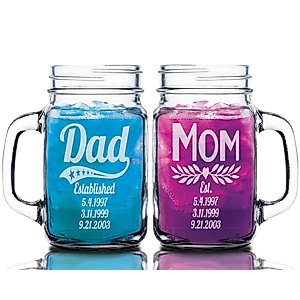 Dad Mom Combo Set of 2 Personalized Fathers Day First Mothers Day Gift Mason Jars for Mama Mommy Custom Birthday Mug Gift for Daddy Papa Idea for Parents from Kids Adoption Gifts with Kids Birthdates