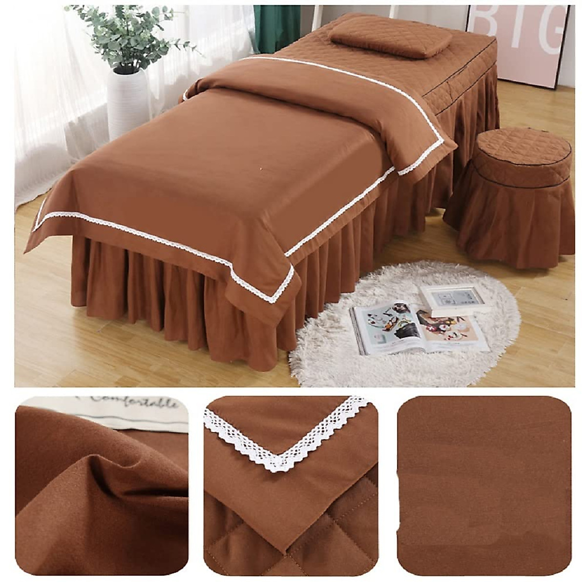 cozy heart 4pcs Beauty Salon Bedding Set Thick Bed Linens Sheets Bedspread Fumigation Massage Spa Pillowcase Duvet Cover Sets (190x80cm, Brown)