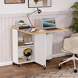 Folding Dining Table, Dinner Table with Drawer and Storage and Shelves, Space Saving Dining Table with 6 Wheels, Kitchen Table for Small Spaces (Light Brown)