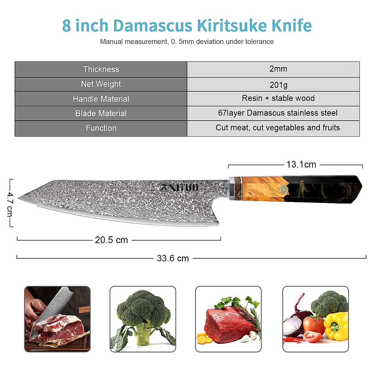 XT XITUO Kiritsuke Chef Knife,8 inch kitchen Knives Japanese VG10 Steel Damascus Kitchen Meat Sushi Cutting Cleaver Knife w/octagon Black Resin handle Gift Box… (Black-8'' Kiritsuke Knife)