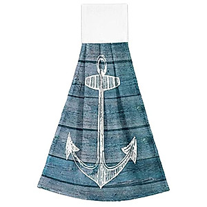 Giwawa Nautical Theme White Anchor Hanging Hand Towels Wooden Planks Towel for Bathroom Washcloth Absorbent Tie Towel Summer Design Kitchen Hand Towels with Hook & Loop Set of 2