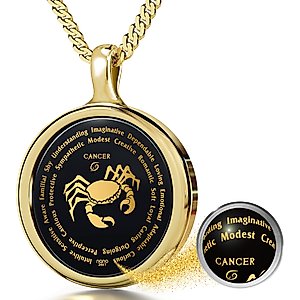 Gold Plated Silver Cancer Necklace Zodiac Pendant Star Sign Birthdays 22nd June to 22nd July Jewelry Inscribed in 24k Gold on Black Onyx Gemstone, 18" Rolo Chain