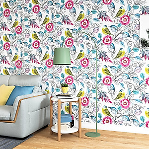 HotDecor 24"x118" Bird Boho Floral Wallpaper Flower Wallpaper Peel and Stick Floral Contact Paper Adhesive Stick on Botanical Wall Paper for Walls Cabinets Drawer Bedroom Shelves Decorative