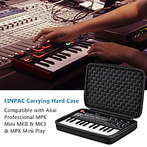FINPAC Semi-Hard Carrying Case for AKAI Professional MPK Mini MKII & MK3 & MPK Mini Play | Alesis V Mini 25 Key USB MIDI Keyboard Controller Case with Cable Slot for Business, Travel (Black)