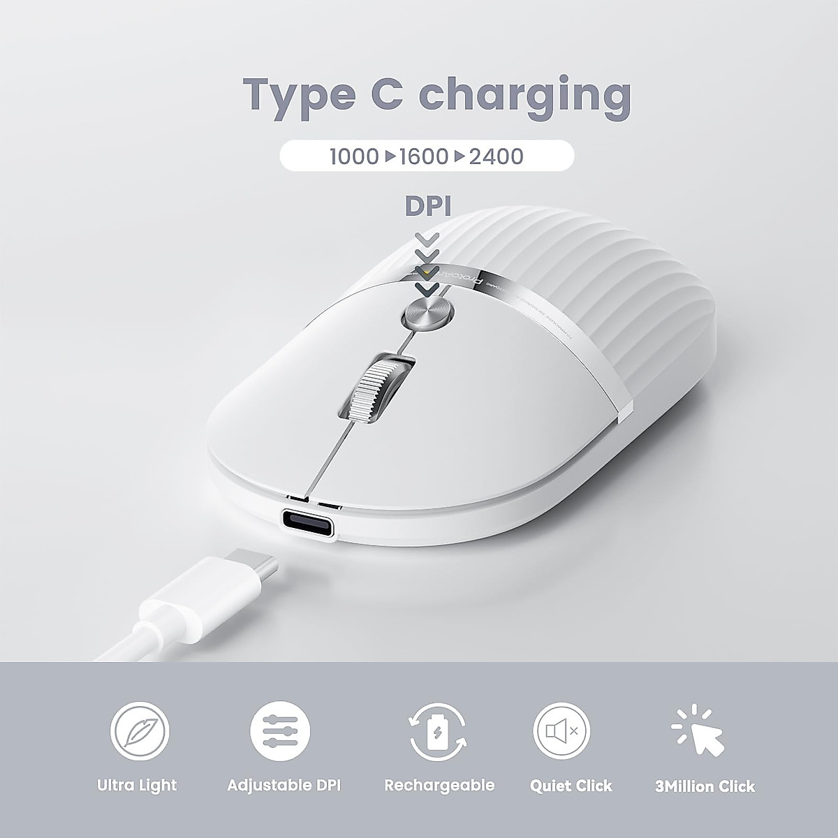 ProtoArc USB C Wireless Bluetooth Mouse, Multi-Device HubMouse with Type C Hub Portable Silent Rechargeable Computer Laptop Mouse for ipad, PC, Tablet, MacBook, Surface Pro-Silver