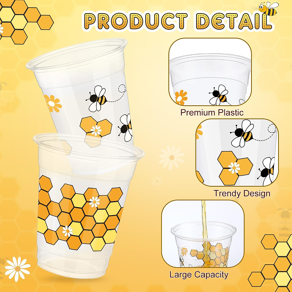 Sliner 50 Pcs Bee Party Plastic Cups with Straws 12 oz Clear Honey Bee Cups Disposable Bee Drinking Cups Bee Theme Party Favors for Home Kitchen Bee Birthday Baby Shower Party Supplies Decor