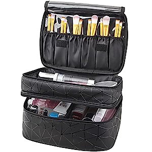 MKPCW makeup bag Large Double-layer cosmetic bag with brush bag and divider Makeup Case Organizer (Black)