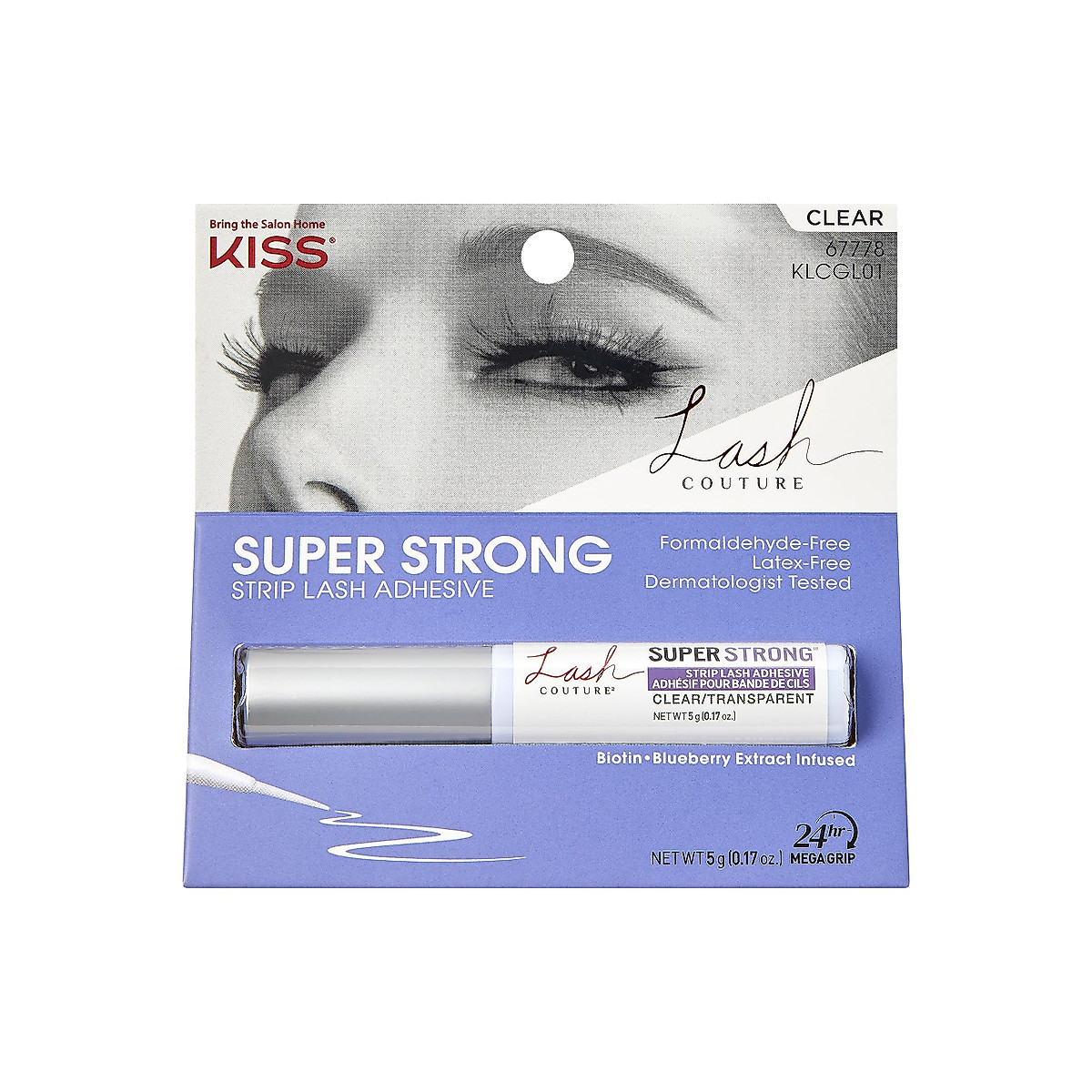 KISS Lash Couture Clear Strip Lash Adhesive with Biotin & Blueberry Extract, Latex-Free, Dermatologist Tested, Contact Lens Friendly, Strong Hold, Gentle Formula, with Brush Tip Applicator, 0.17 Oz.