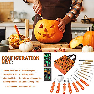 Haromala Halloween Pumpkin Carving Kit, Professional Stainless Steel Pumpkin Carving Tools Kit with Storage bag and luminous Tattoos, Carve Sculpt Jack-O-Lanterns for Decorations DIY