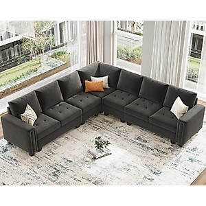 Belffin Modular Velvet Sectional L Shape Sofa Couch Oversized Convertible Sectional Sofa Couch with Reversible Chaise for Living Room Grey