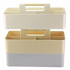 EZOWare Set of 3 Plastic Stackable Caddy Tote Set, Large Storage Organizer Bins with 5 Compartment Divider and Handle for Makeup, Vanity, Bathroom, Office Supplies, School, Crafts, Nursery - 3 Colors