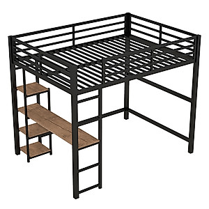 Bellemave Full Size Loft Bed with Desk,Metal Loft Bed with Storage Shelves,Heavy Duty Metal Loft Bed for Kids Teens Adults,Black