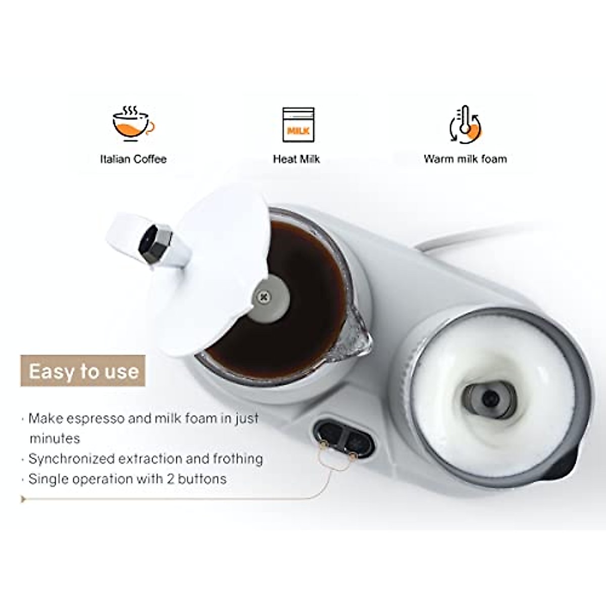 Hackvia Espresso Machine,Portable Espresso Coffee Maker and Cappuccino Latte Machine with Milk Frother,Espresso Maker with Steamer,2 in 1 Moka Pot for Home,Office and Travel,2-3 Cups,Aluminum