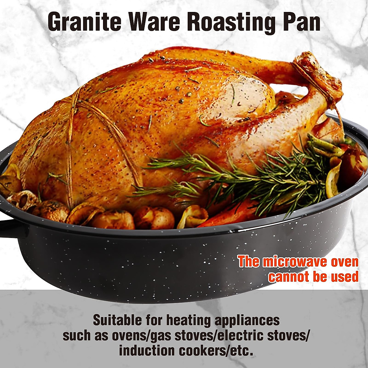 MorTime Granite Roasting Pan, 14.5" Enameled Oval Roaster Pot with Lid for Small Turkey, Chicken, Ham, Broiler Pan for Oven, Dishwasher