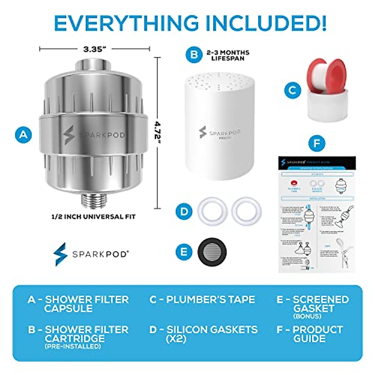 SparkPod High Output Shower Filter Capsule - Suitable for People with Sensitive and Dry Skin and Scalp, Filters Chlorine and Impurities | 1-min install (Luxury Polished Chrome)