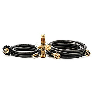 Camco Propane Brass 4 Port Tee- Comes with 5ft and 12ft Hoses, Allows for Connection Between Auxiliary Propane Cylinder and Propane Appliances (59123) , Black