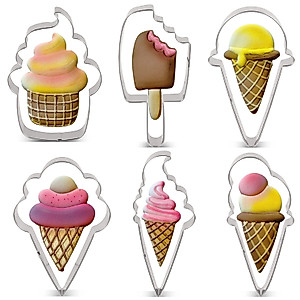 LILIAO Summer Ice Cream Cookie Cutter Set Sundae/Popsicle Biscuit and Fondant Cutters - 6 Piece - 3.6, 4.5, 4.2, 4, 4.3 and 3.7 inches - Stainless Steel