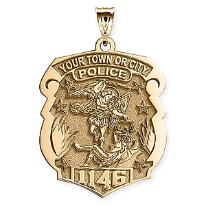 PicturesOnGold.com Saint Michael Personalized Police Badge with Department & Badge Number in Solid 14k Yellow Gold, 14k White Gold or Sterling Silver (2/3 x 3/4 Inch, 14k Yellow Gold)